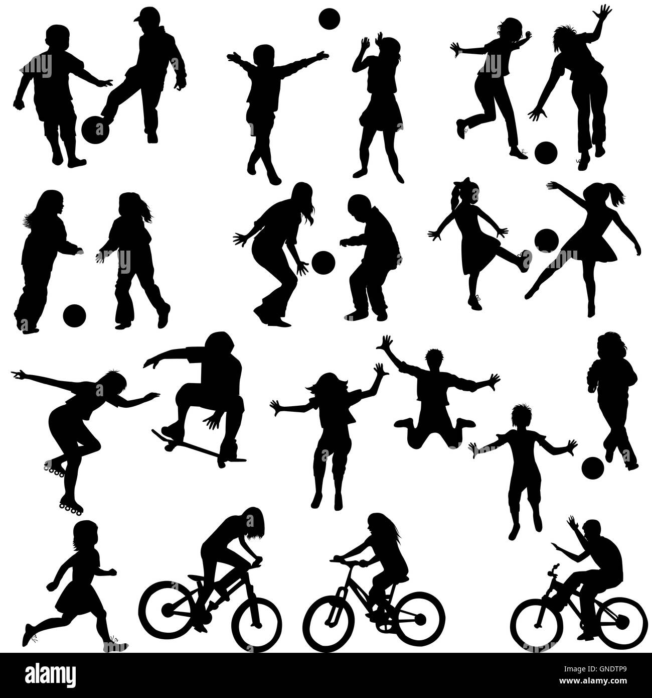 Group of active children, hand drawn silhouettes of kids playing Stock ...