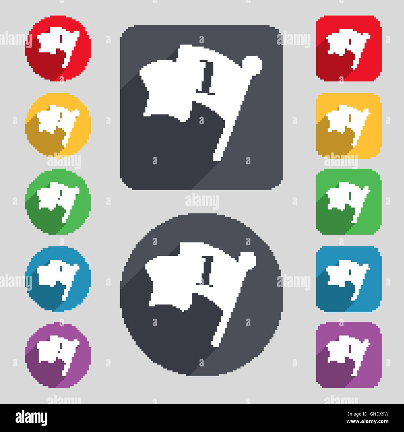 Flag icon sign. A set of 12 colored buttons and a long shadow. Flat ...