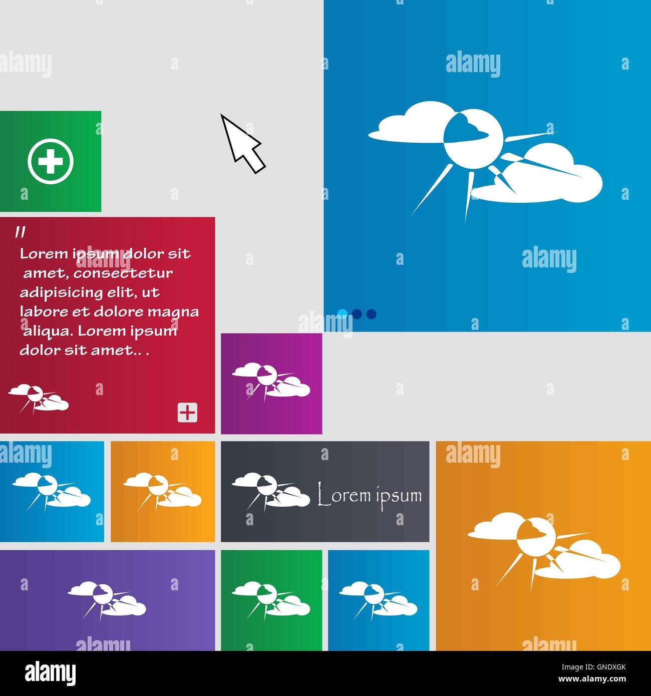 sun behind cloud icon sign. buttons. Modern interface website buttons with cursor pointer ...
