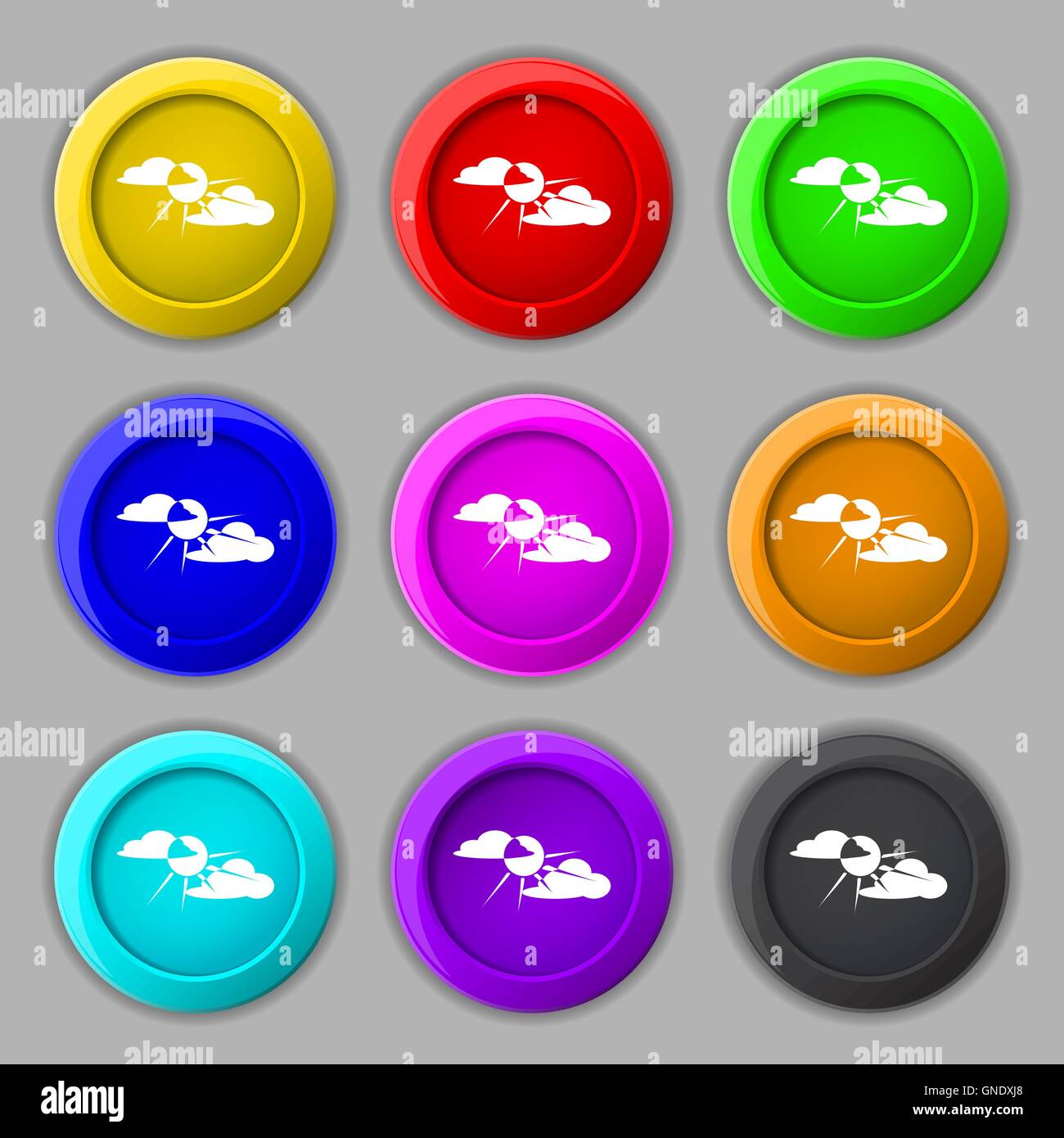 sun behind cloud icon sign. symbol on nine round colourful buttons ...
