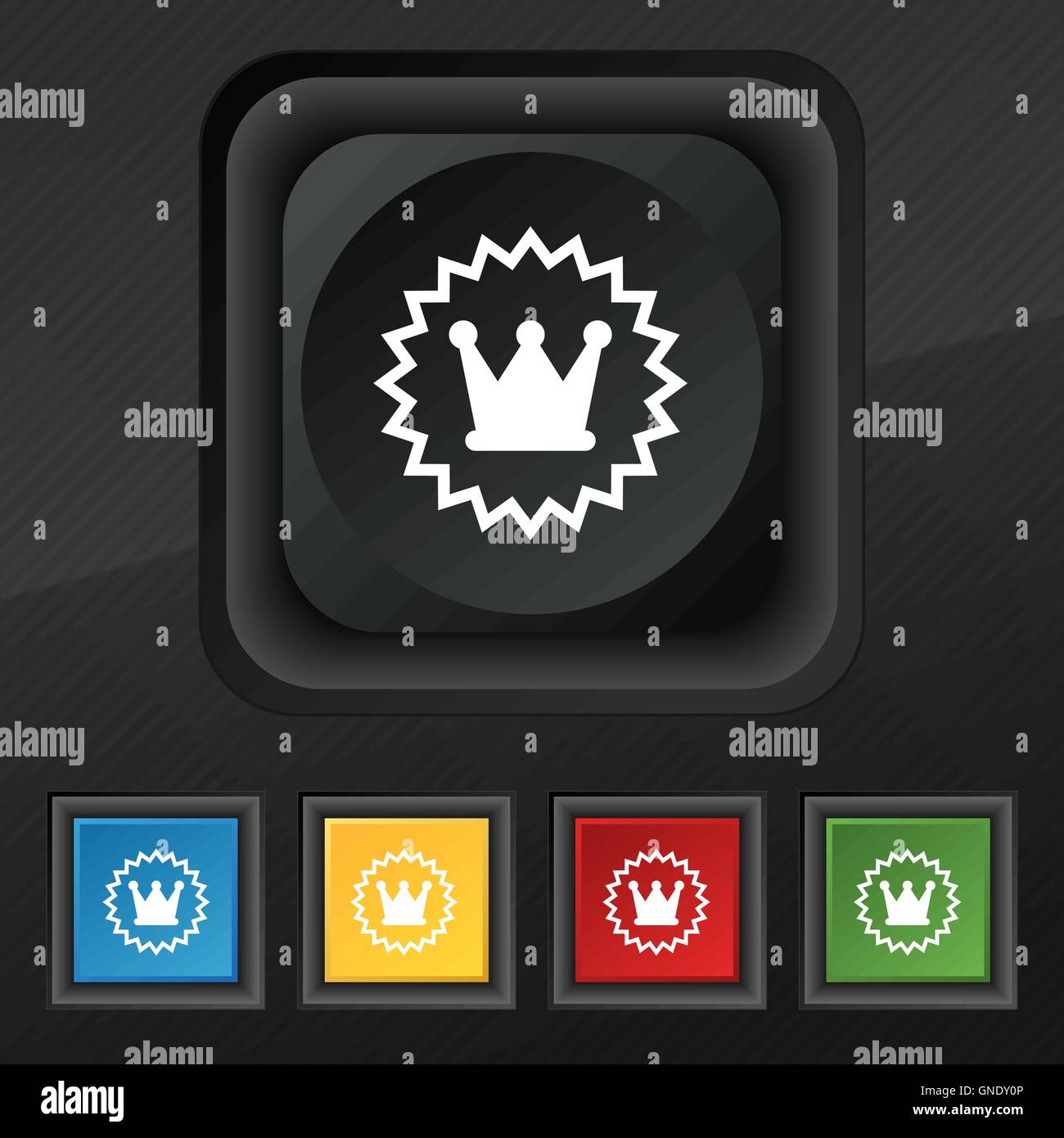 ?rown icon symbol. Set of five colorful, stylish buttons on black ...