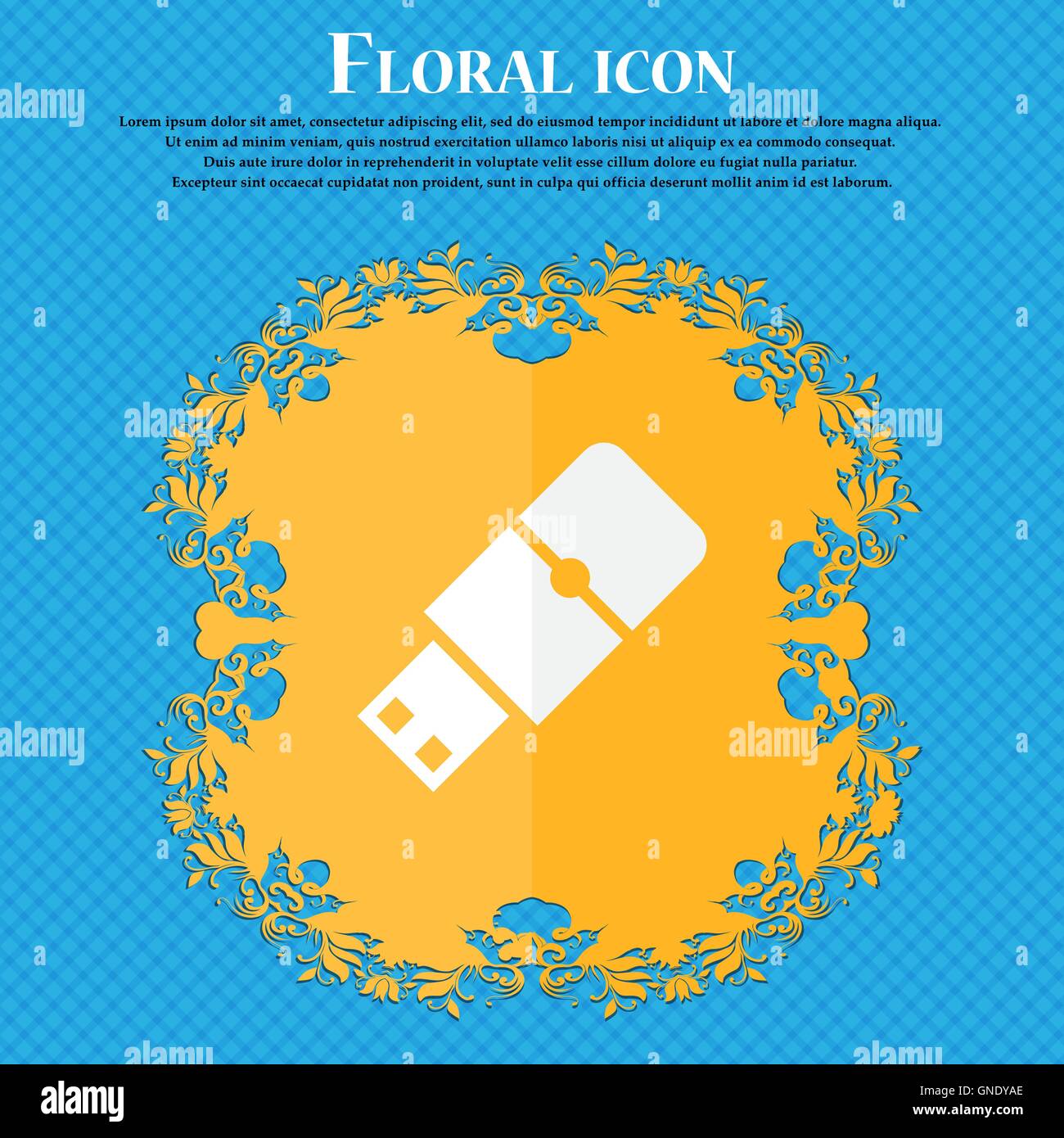 USB flash icon. Floral flat design on a blue abstract background with ...