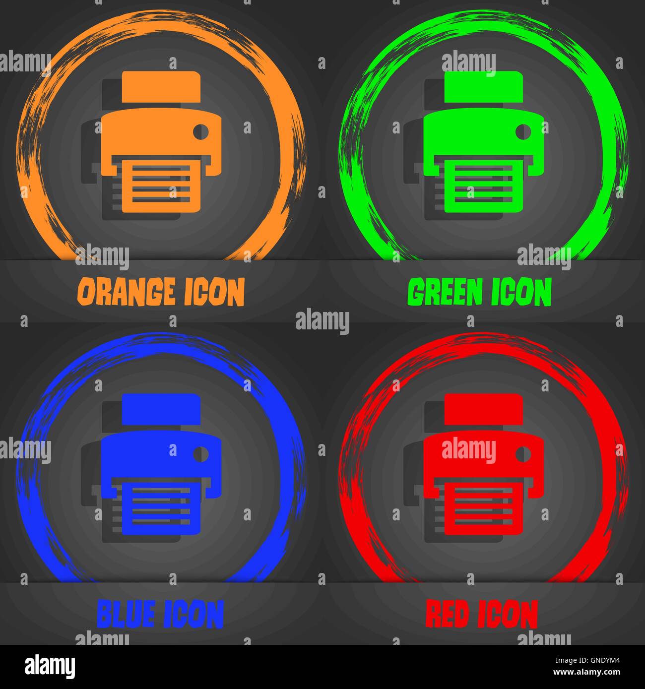 fax, printer icon. Fashionable modern style. In the orange, green, blue ...