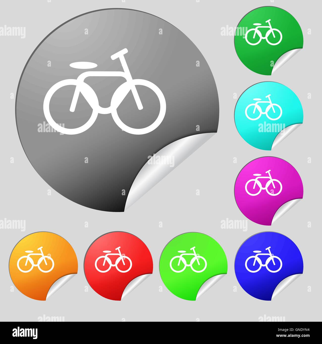 Bicycle, bike icon sign. Set of eight multi colored round buttons ...