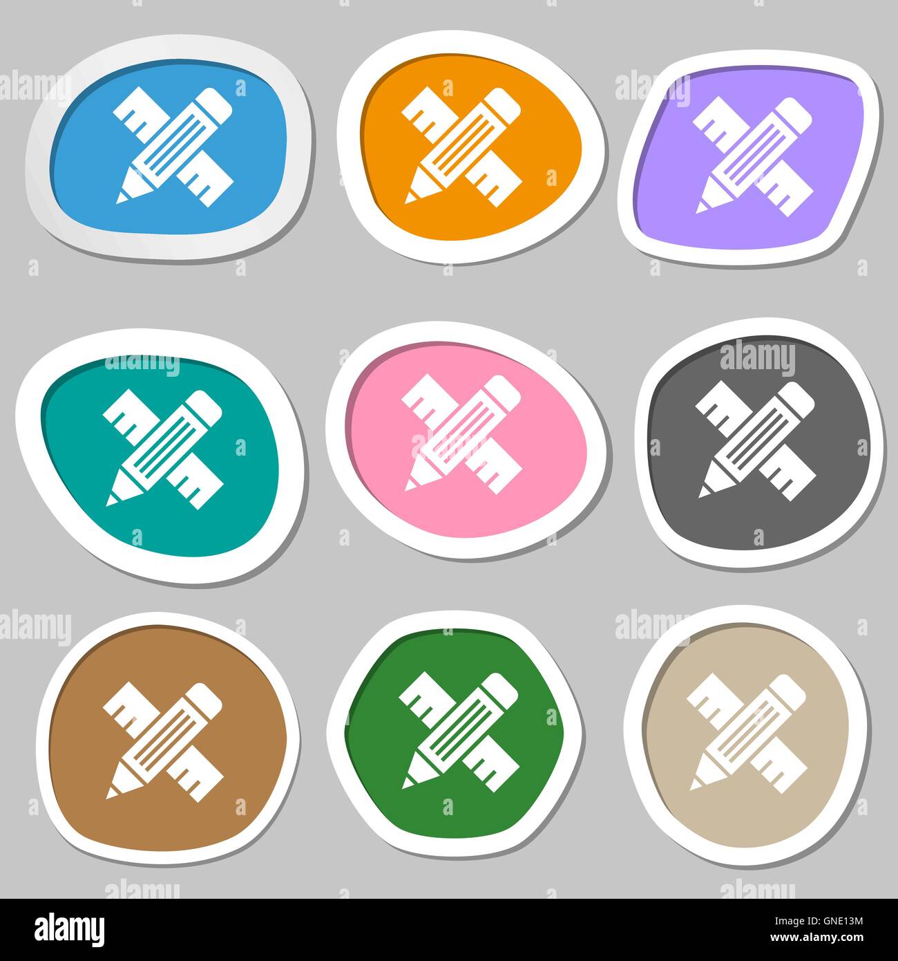 Pencil with ruler symbols. Multicolored paper stickers. Vector Stock ...