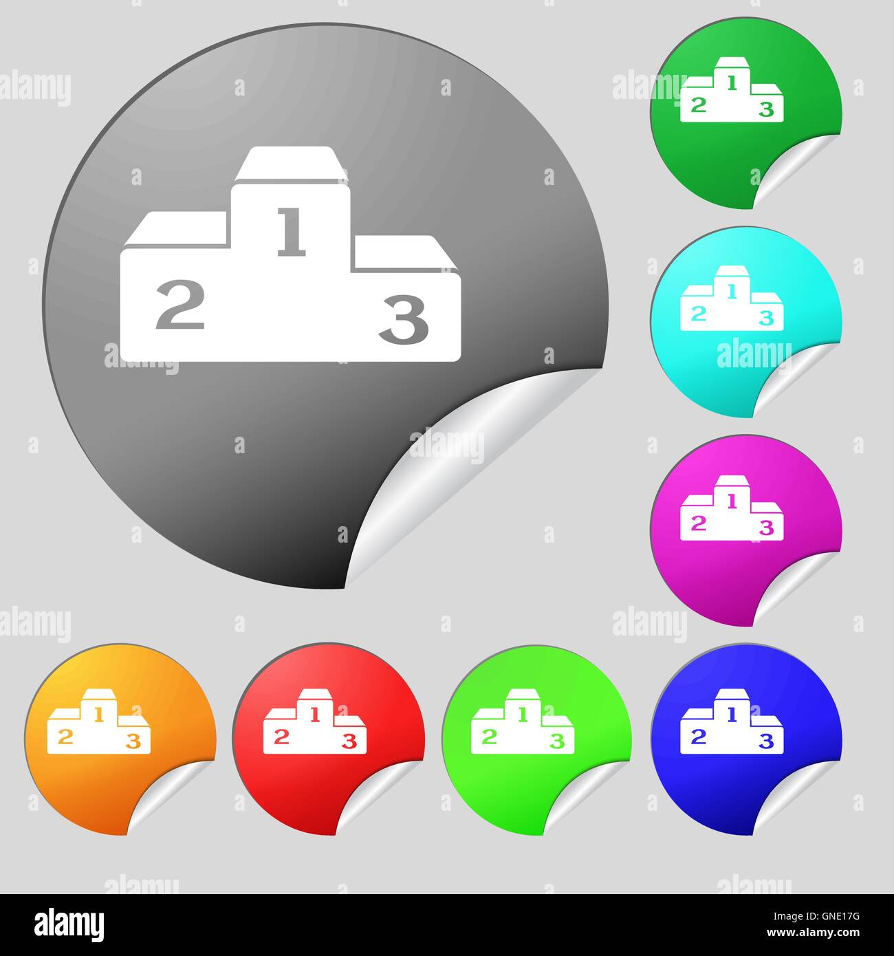 Podium icon sign. Set of eight multi colored round buttons, stickers ...