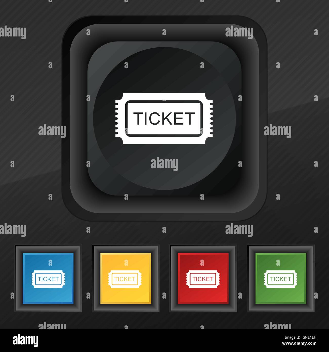Ticket icon symbol. Set of five colorful, stylish buttons on black ...