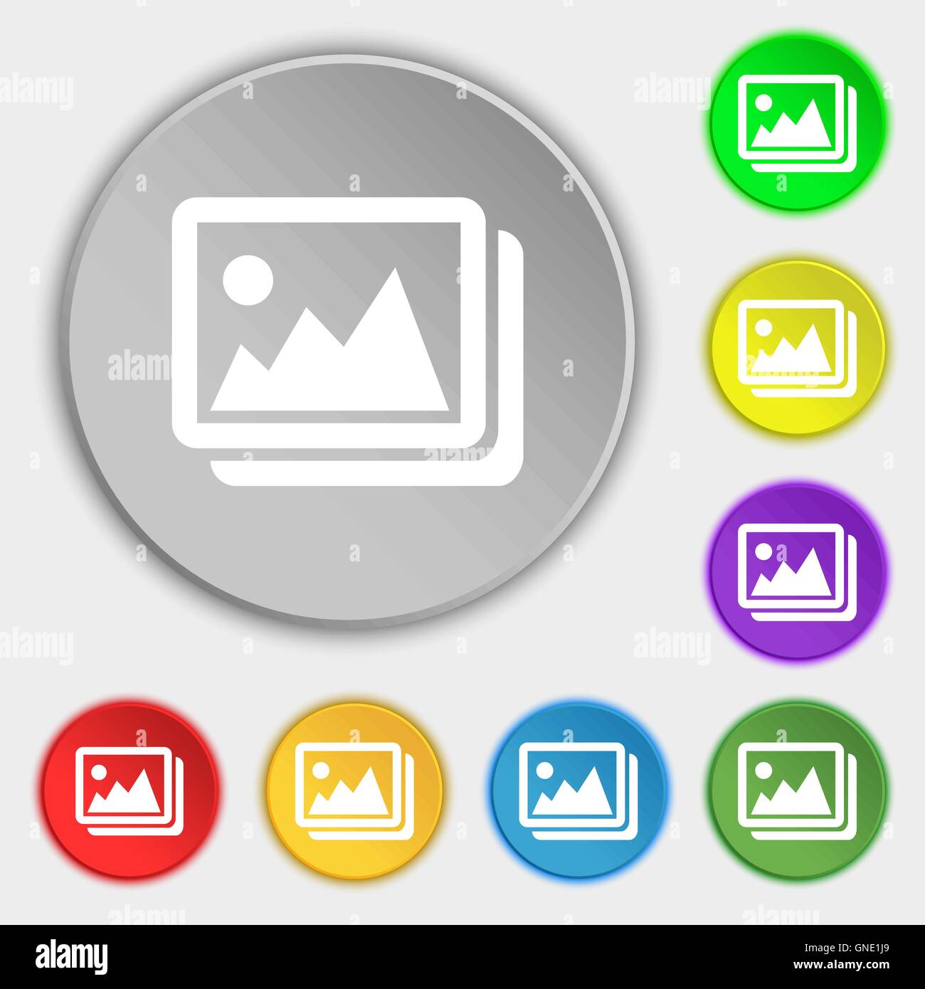 images, jpeg, photograph icon sign. Symbol on eight flat buttons ...