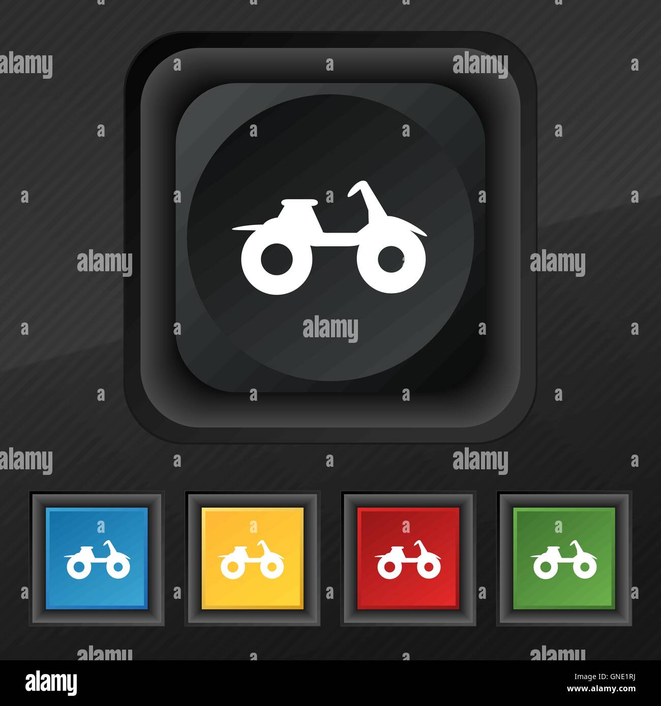 ATV icon symbol. Set of five colorful, stylish buttons on black texture ...