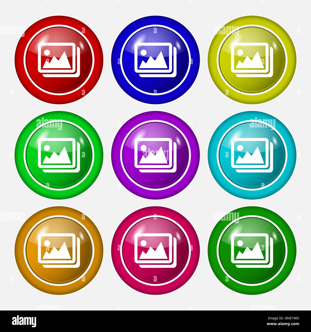 images, jpeg, photograph icon sign. symbol on nine round colourful ...