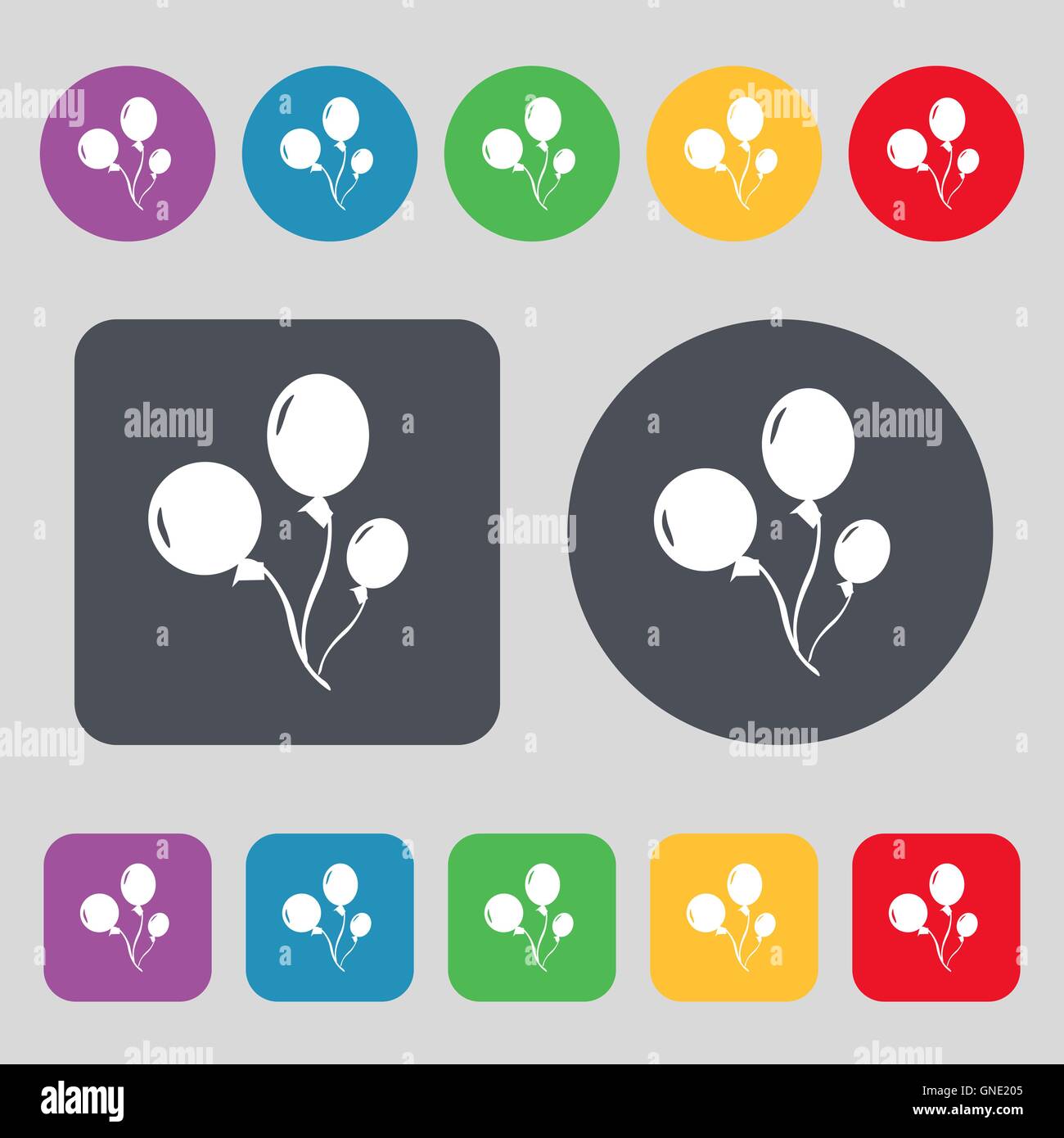 Balloons icon sign. A set of 12 colored buttons. Flat design. Vector ...