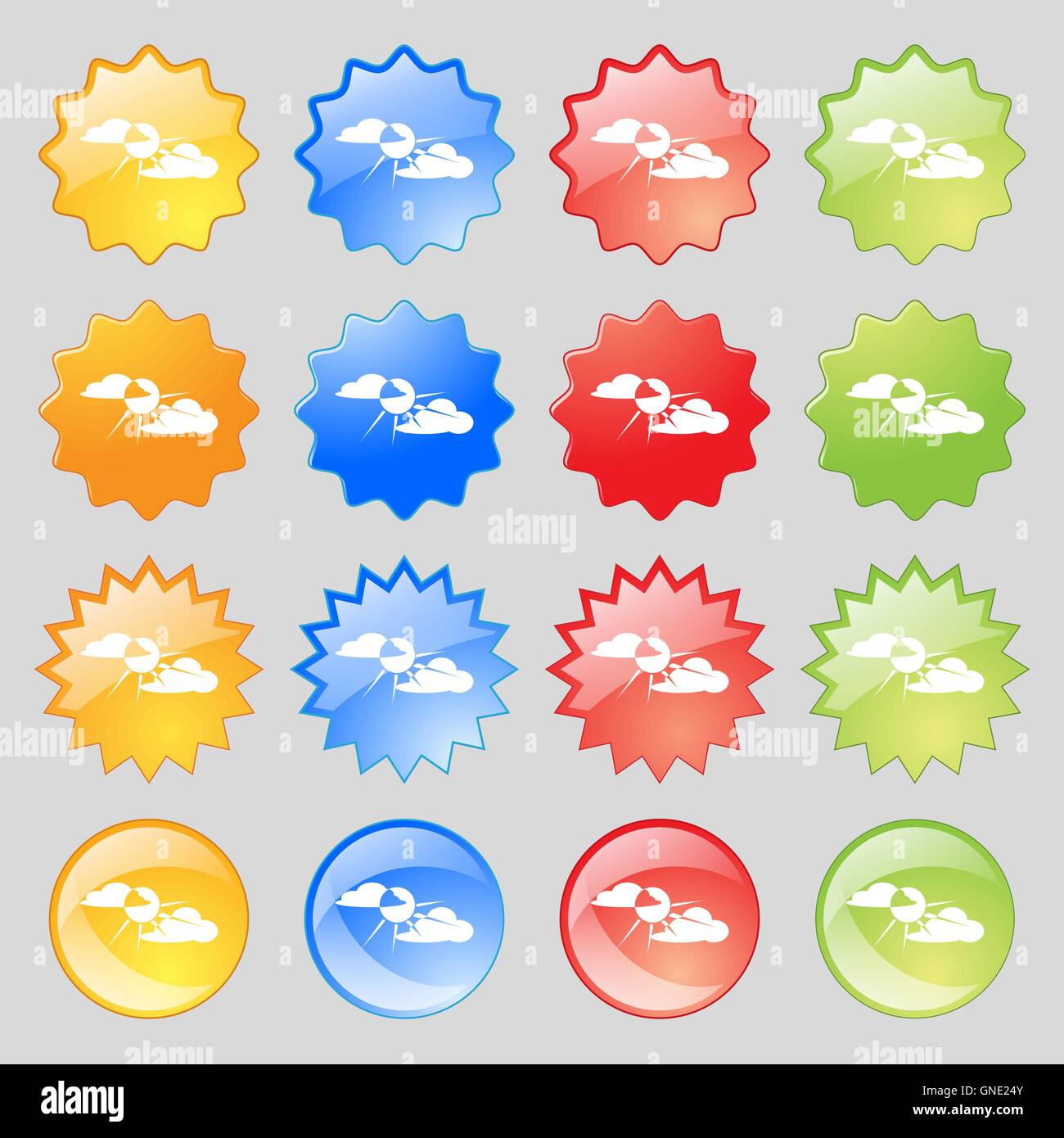 sun behind cloud icon sign. Big set of 16 colorful modern buttons for ...