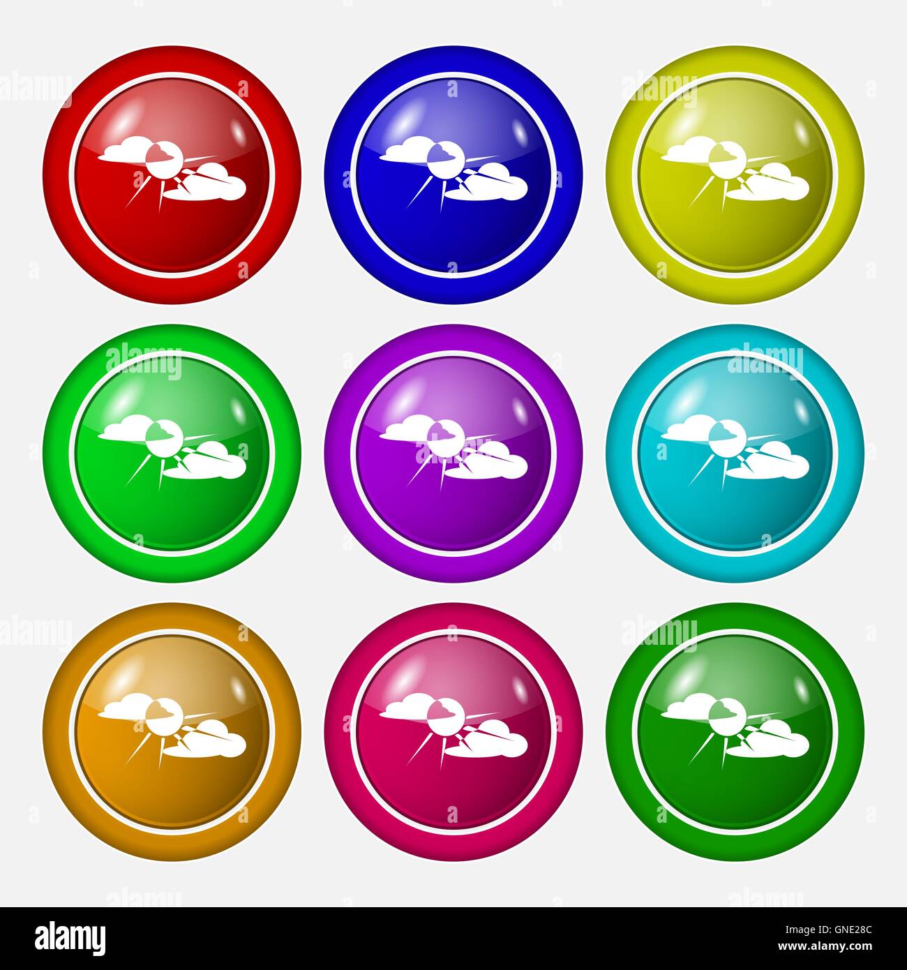 sun behind cloud icon sign. symbol on nine round colourful buttons ...