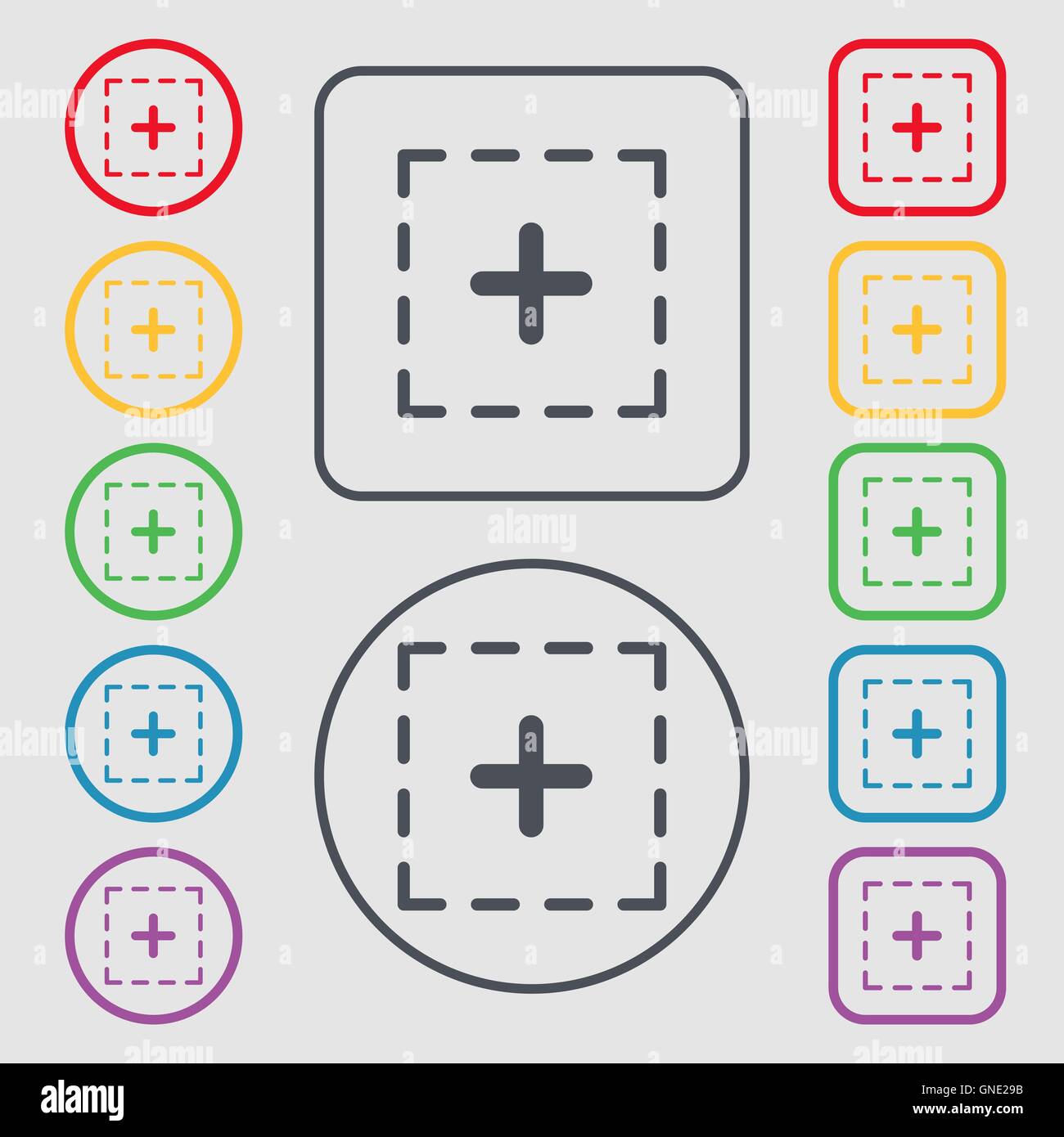 Plus in square icon sign. symbol on the Round and square buttons with ...