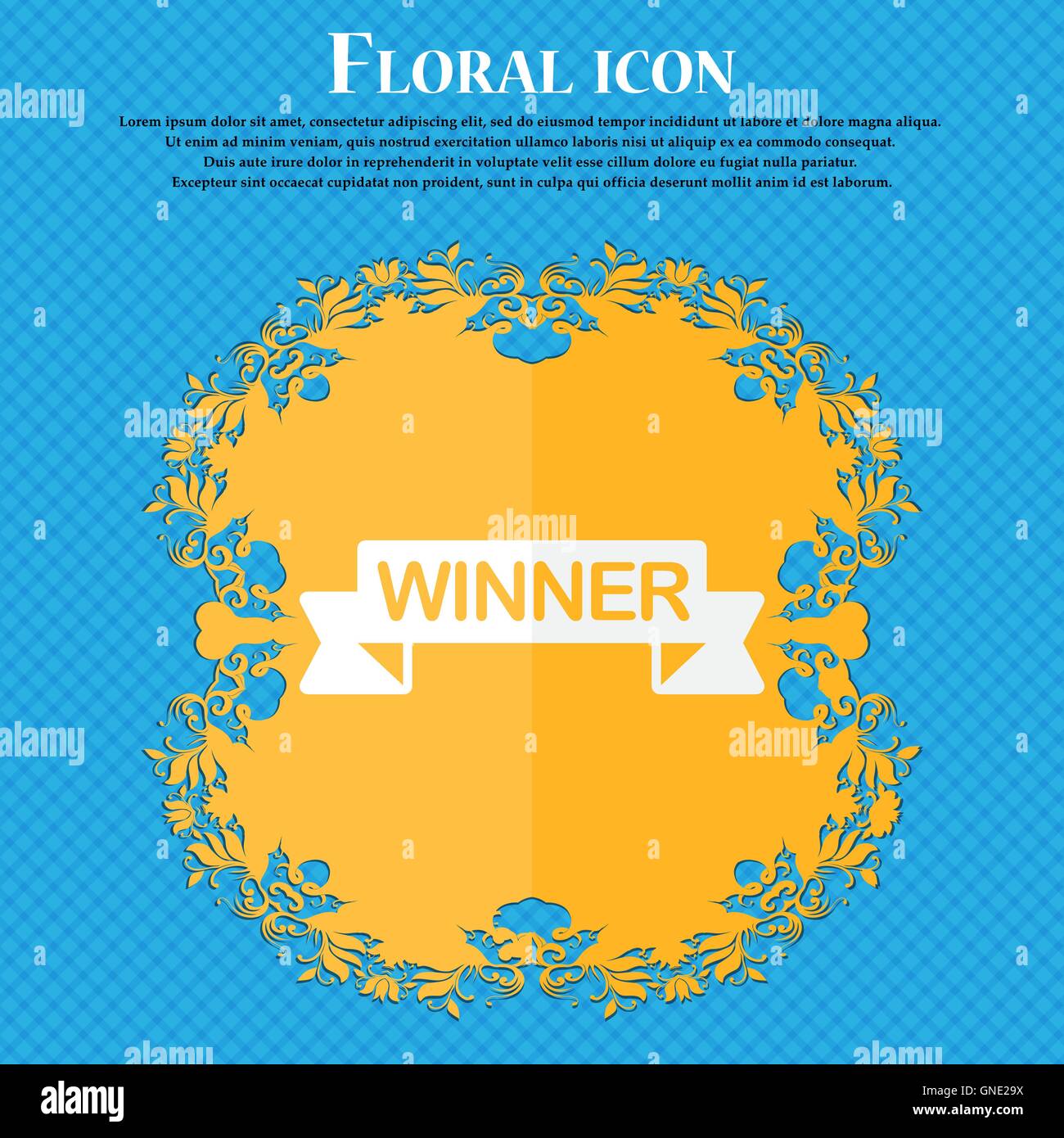 Winner icon. Floral flat design on a blue abstract background with ...