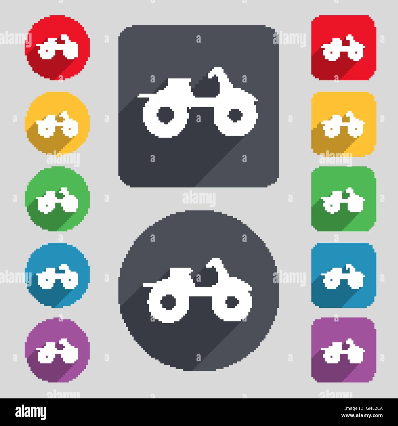 ATV icon sign. A set of 12 colored buttons and a long shadow. Flat ...