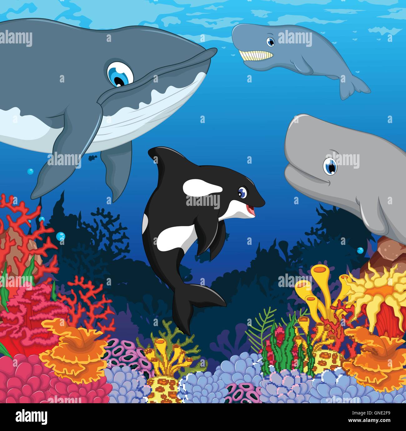 whales cartoon with underwater view and coral background Stock Vector ...