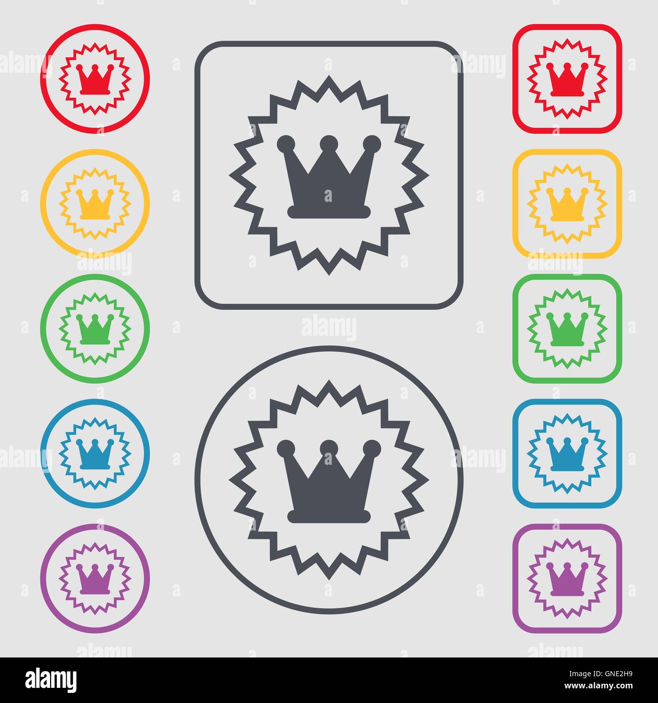 ?rown icon sign. symbol on the Round and square buttons with frame ...