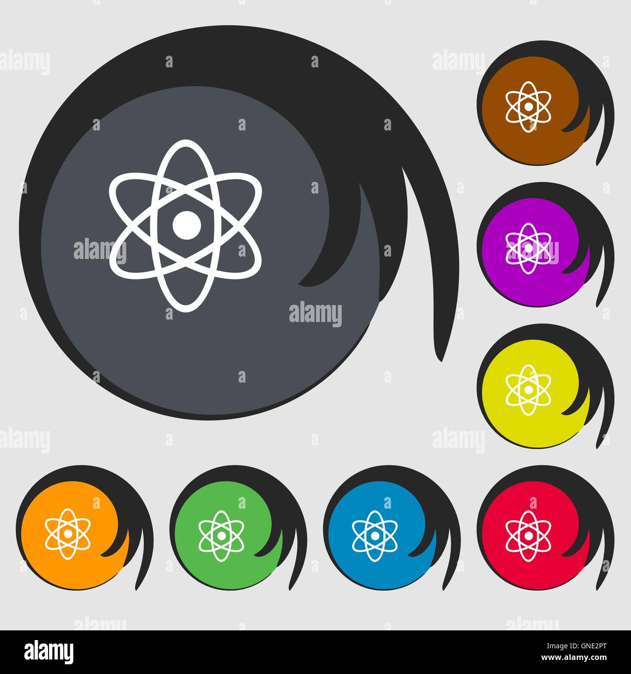 Atom, physics sign icon. Symbols on eight colored buttons. Vector Stock ...