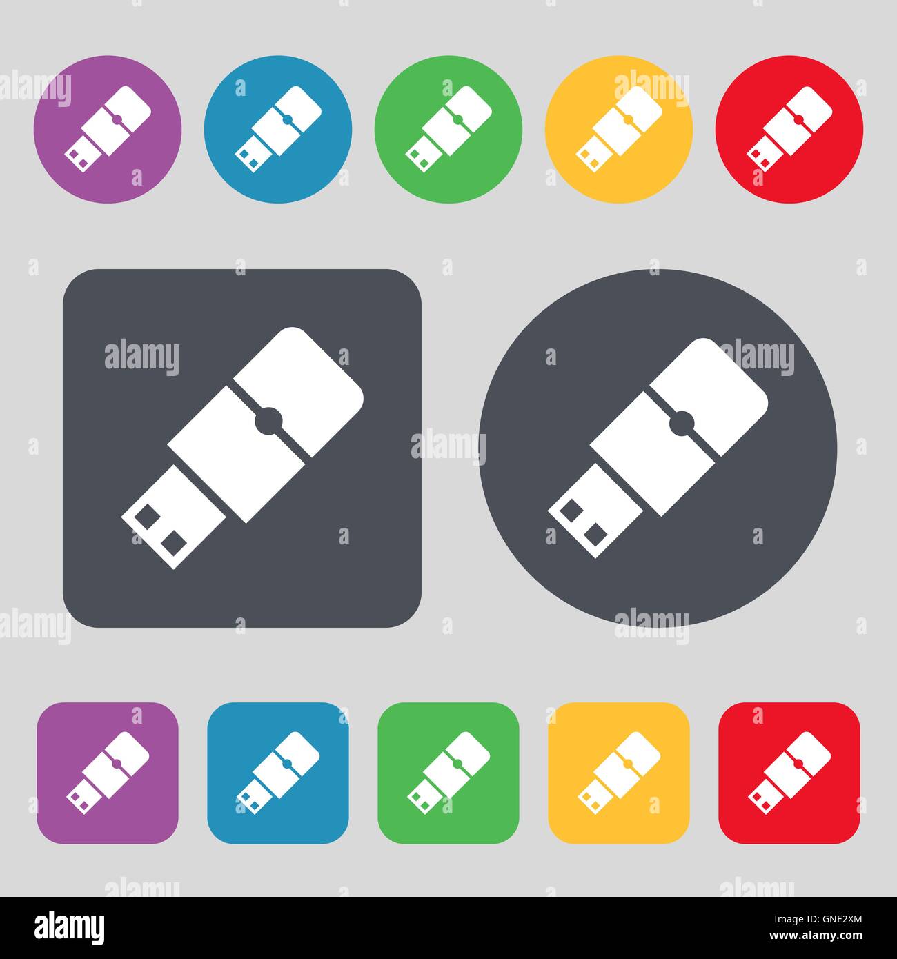 USB flash icon sign. A set of 12 colored buttons. Flat design. Vector ...