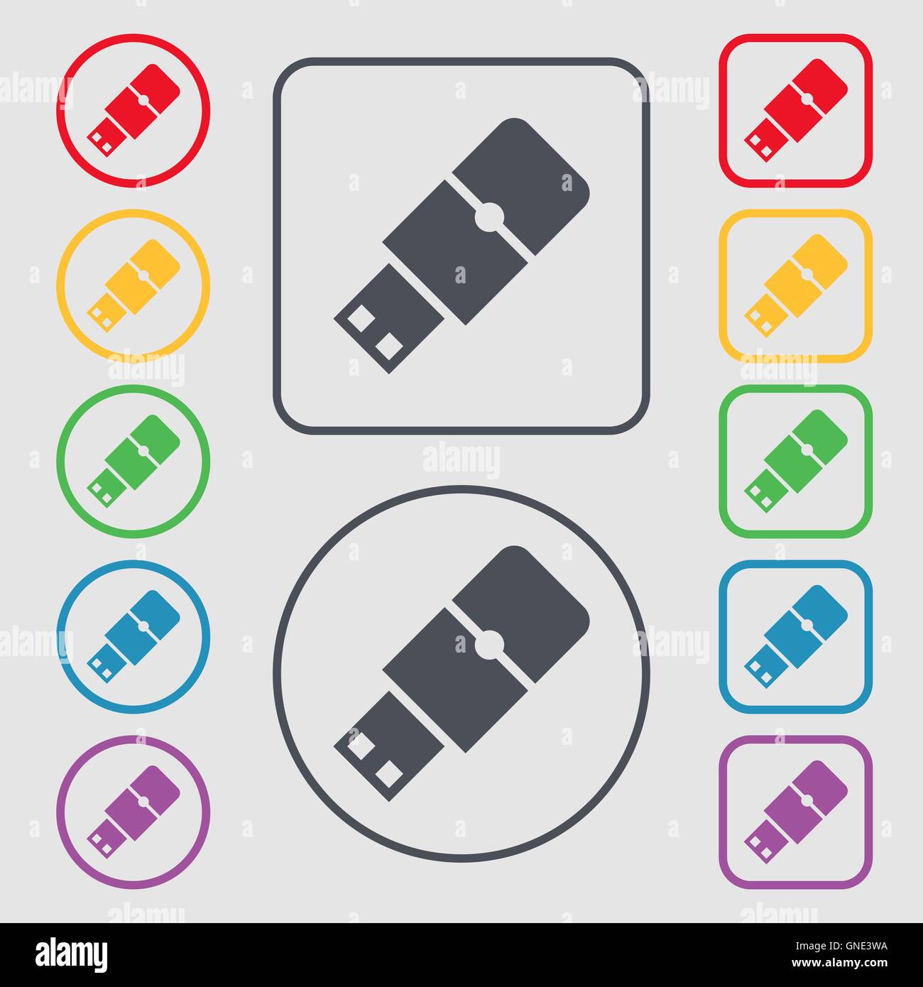USB flash icon sign. symbol on the Round and square buttons with frame ...