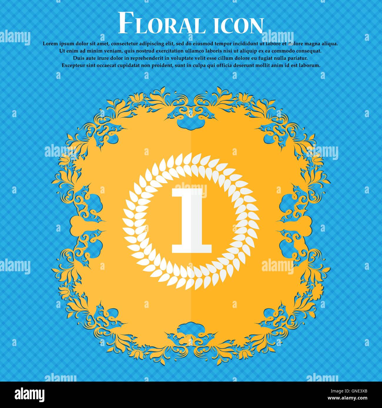 Medal, award, first icon. Floral flat design on a blue abstract ...