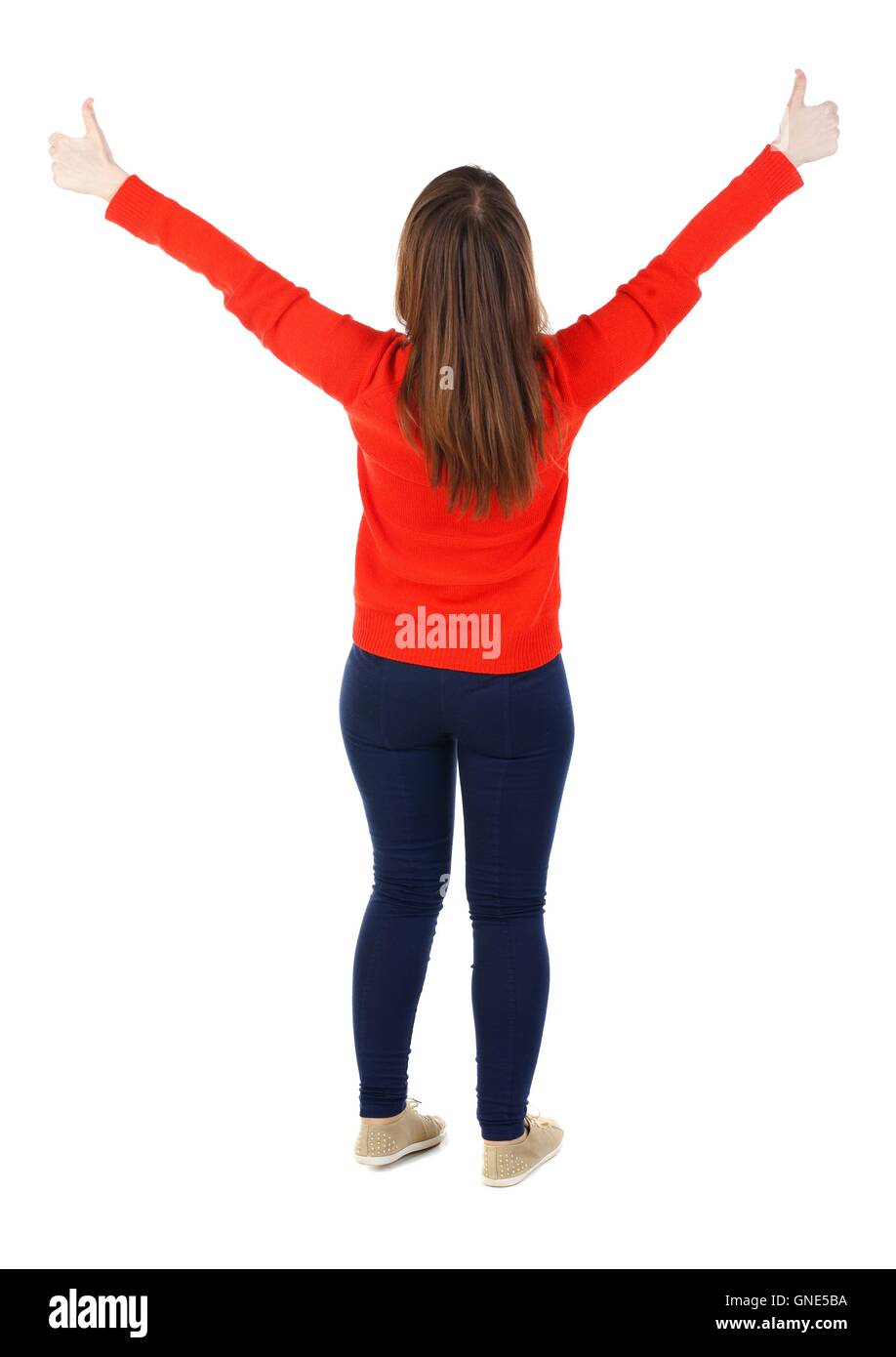 Back view of woman thumbs up Stock Photo - Alamy