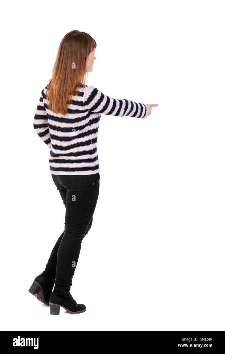 Back view of pointing woman. beautiful girl Stock Photo - Alamy