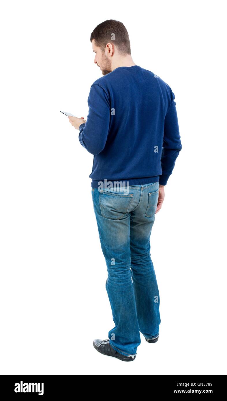 back view of business man uses mobile phone Stock Photo - Alamy