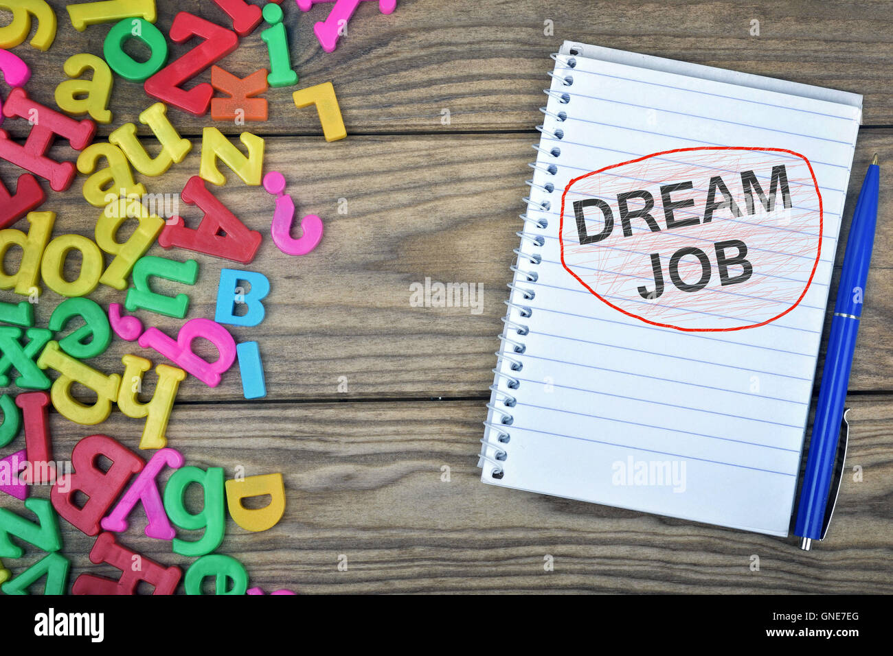 Dream Job text on notepad and magnetic letters on wooden table Stock ...