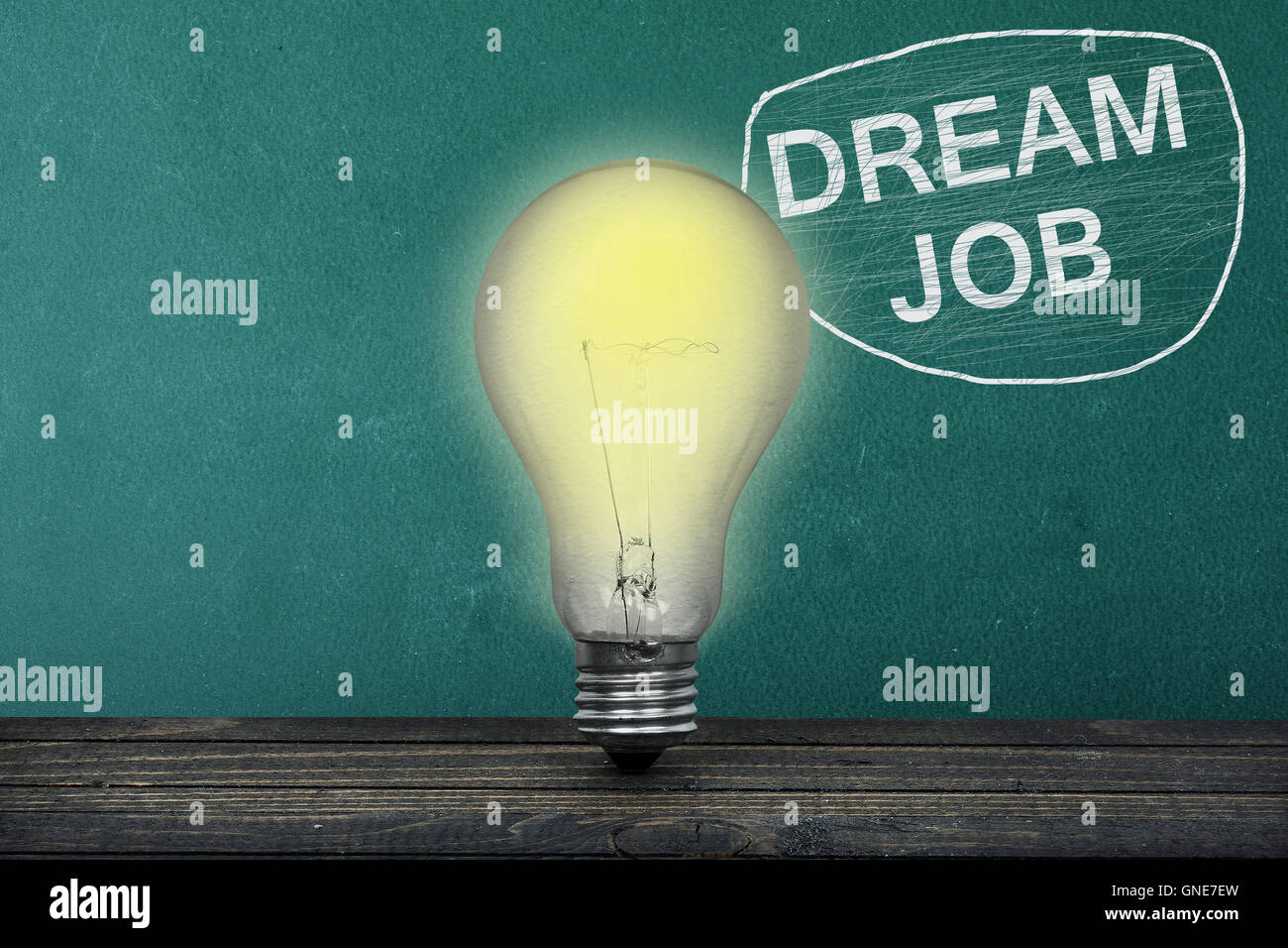 Dream Job text on green board and light bulb on table Stock Photo - Alamy