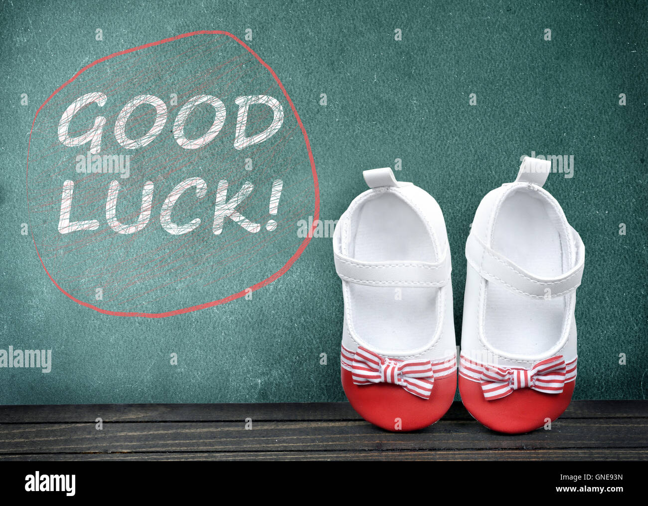 Good Luck text on school table and kid shoes Stock Photo - Alamy