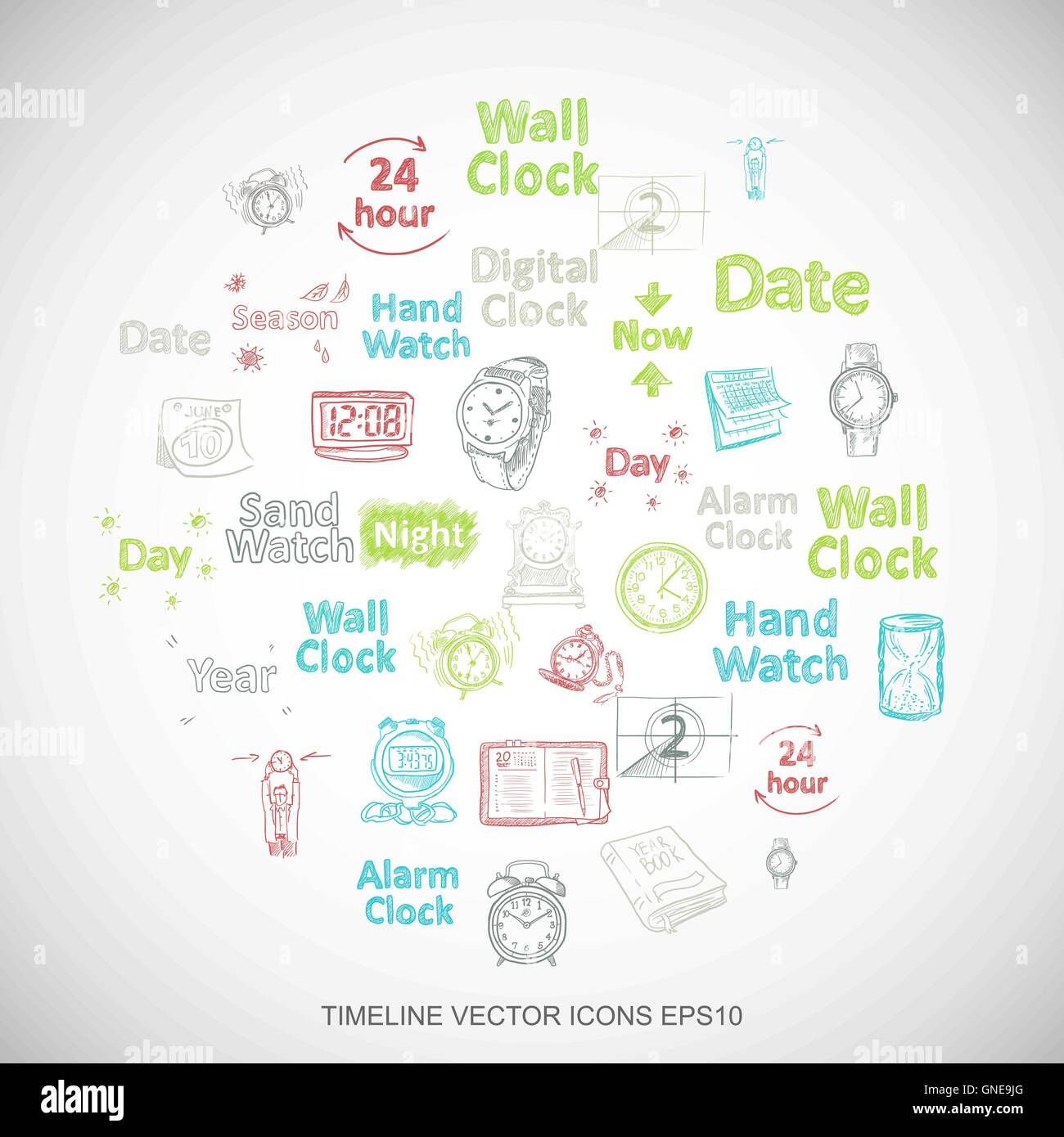 Multicolor doodles Hand Drawing Time Icons set on White. EPS10 vector ...