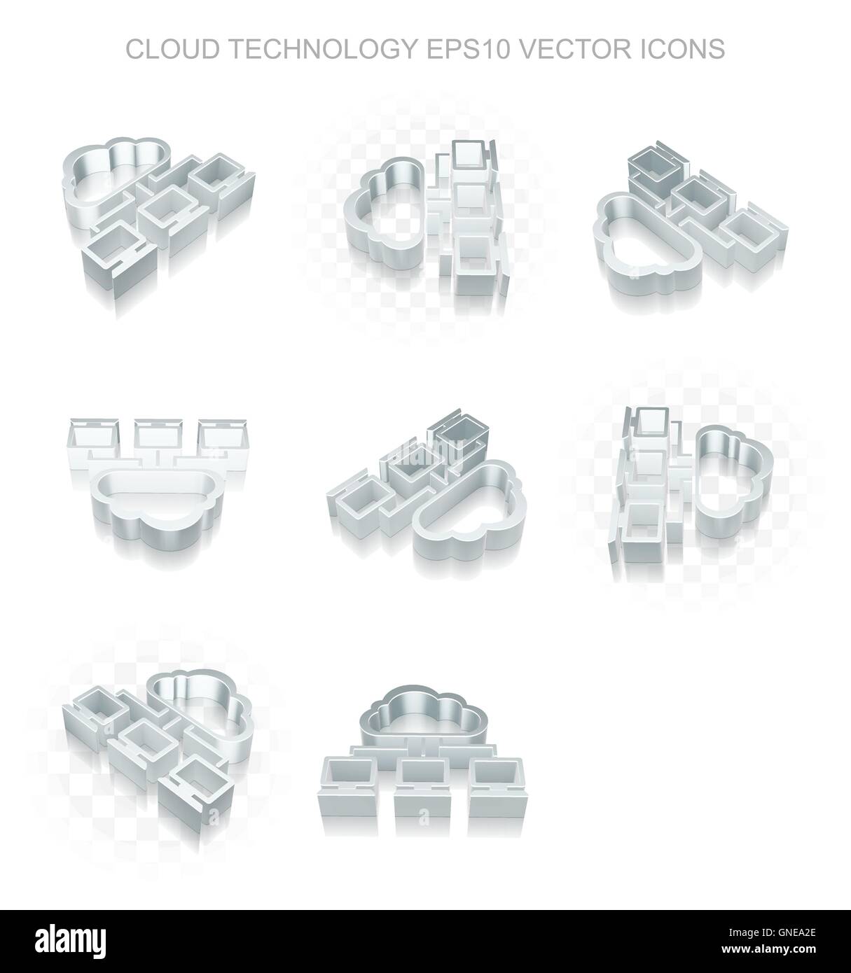Cloud technology icons set: different views of metallic Cloud Network, transparent shadow, EPS ...
