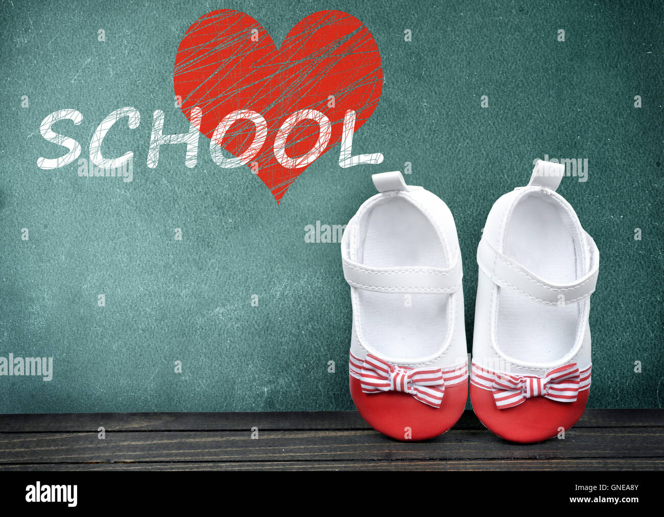 Love School text on school table and kid shoes Stock Photo - Alamy