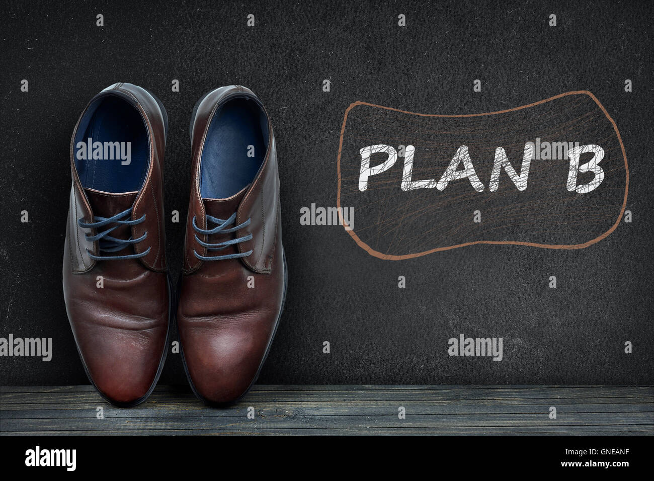 Plan B text on black board and business shoes on wooden floor Stock ...