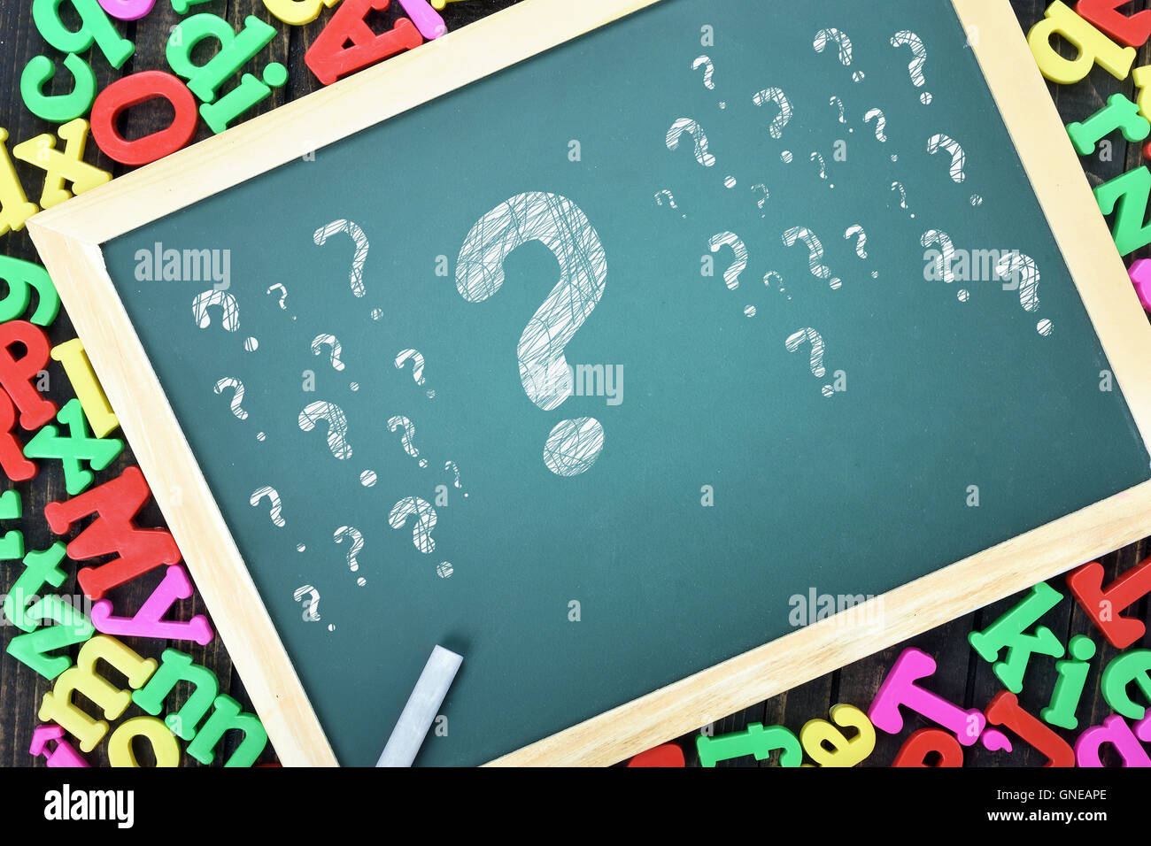 Question marks on school board and magnetic letters Stock Photo - Alamy