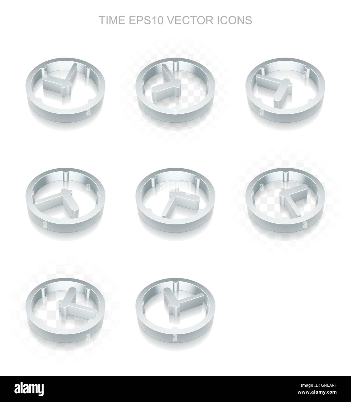 Timeline icons set: different views of metallic Clock, transparent ...