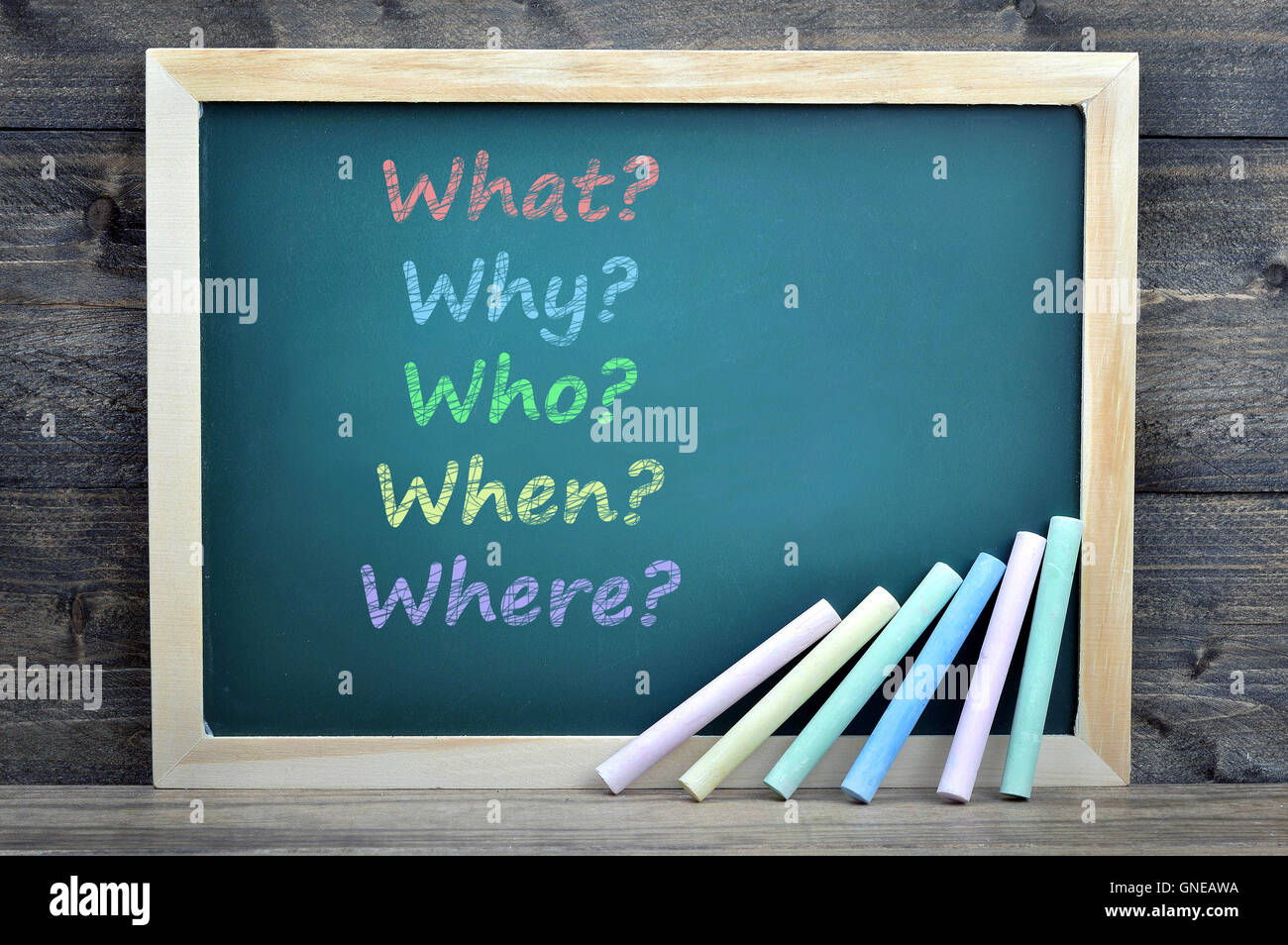 Question marks text on school board and chalk on wooden table Stock ...