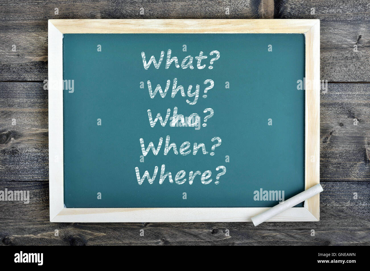 Question marks text on school board and chalk on wooden table Stock ...