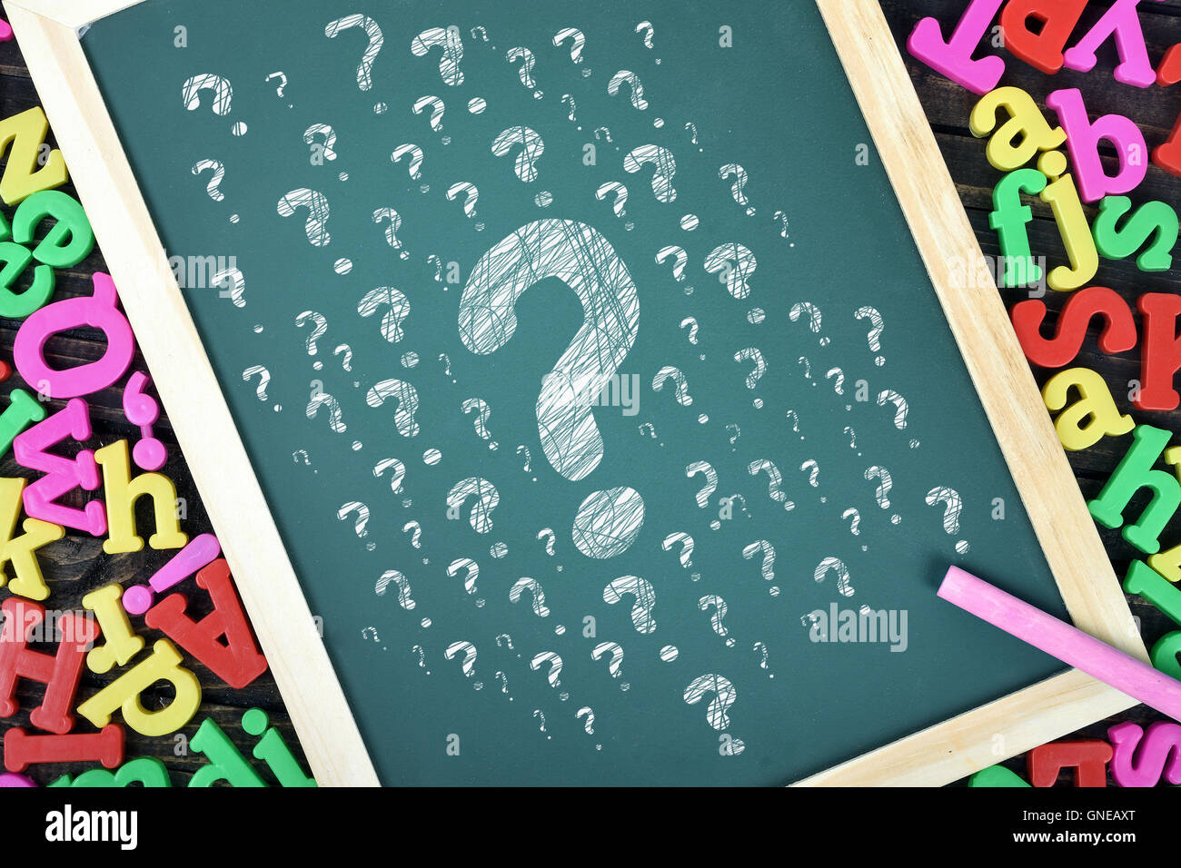 Question marks on school board and magnetic letters Stock Photo - Alamy