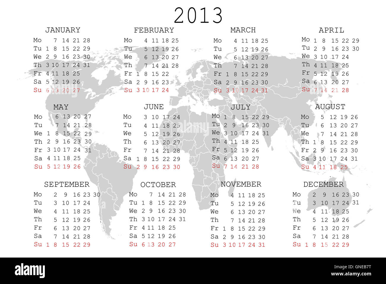2013 Calendar with world map Stock Photo - Alamy