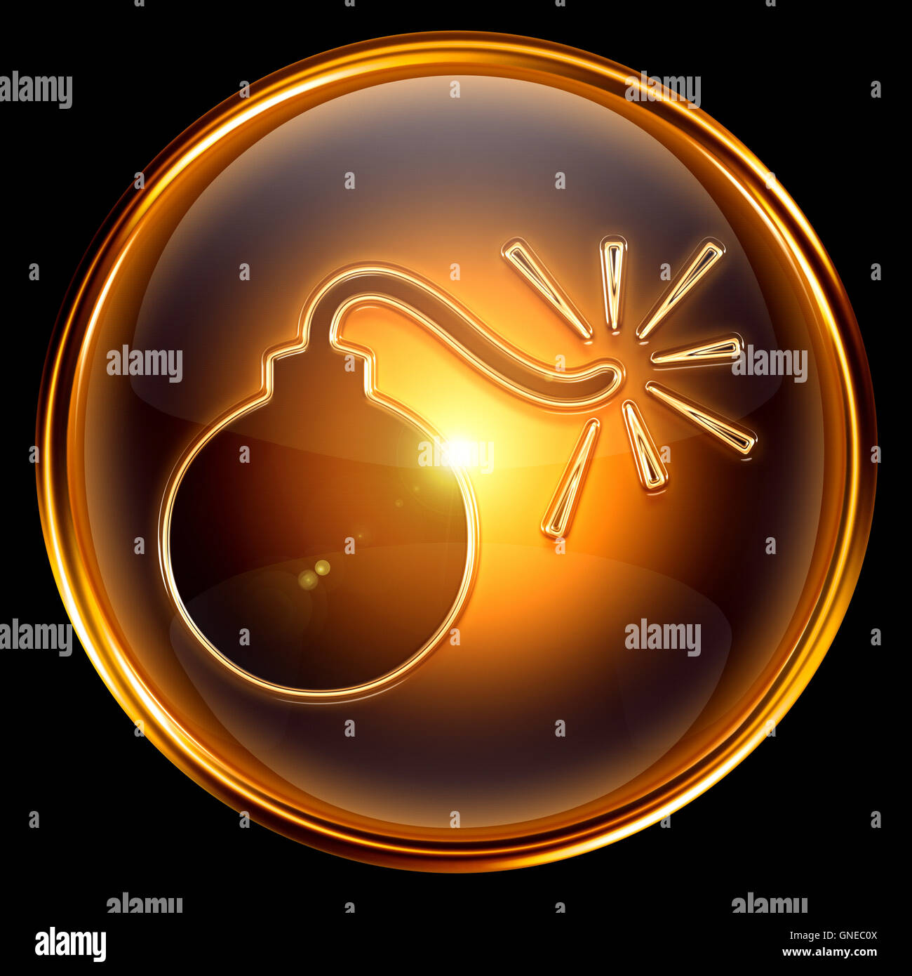 bomb icon golden, isolated on black background Stock Photo - Alamy