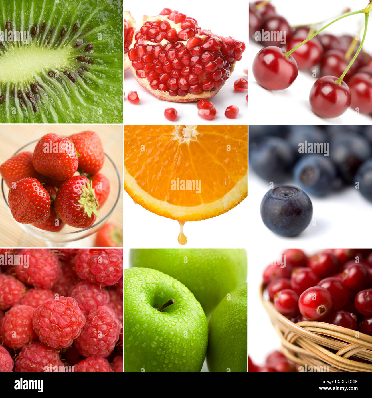 colorful fruit collage of nine photos Stock Photo - Alamy
