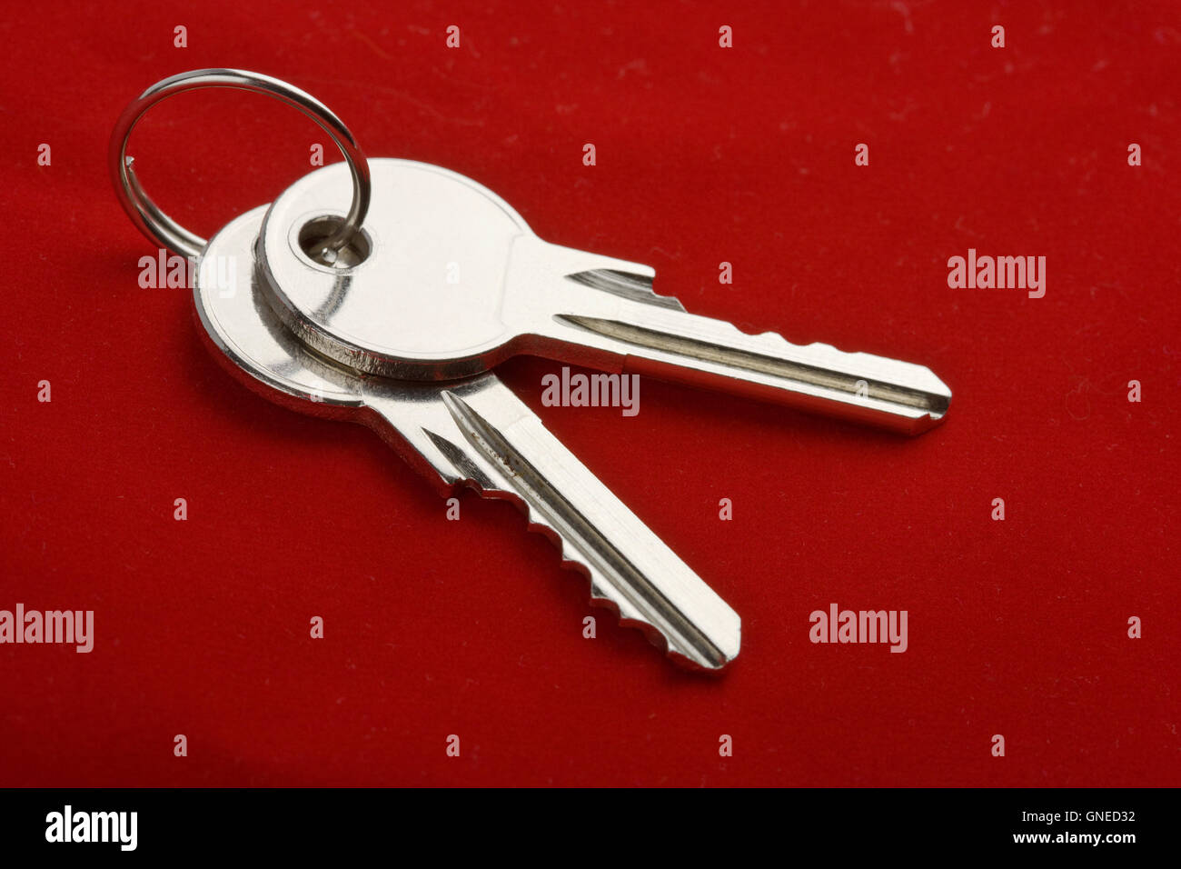 two keys on a ring over red background Stock Photo - Alamy