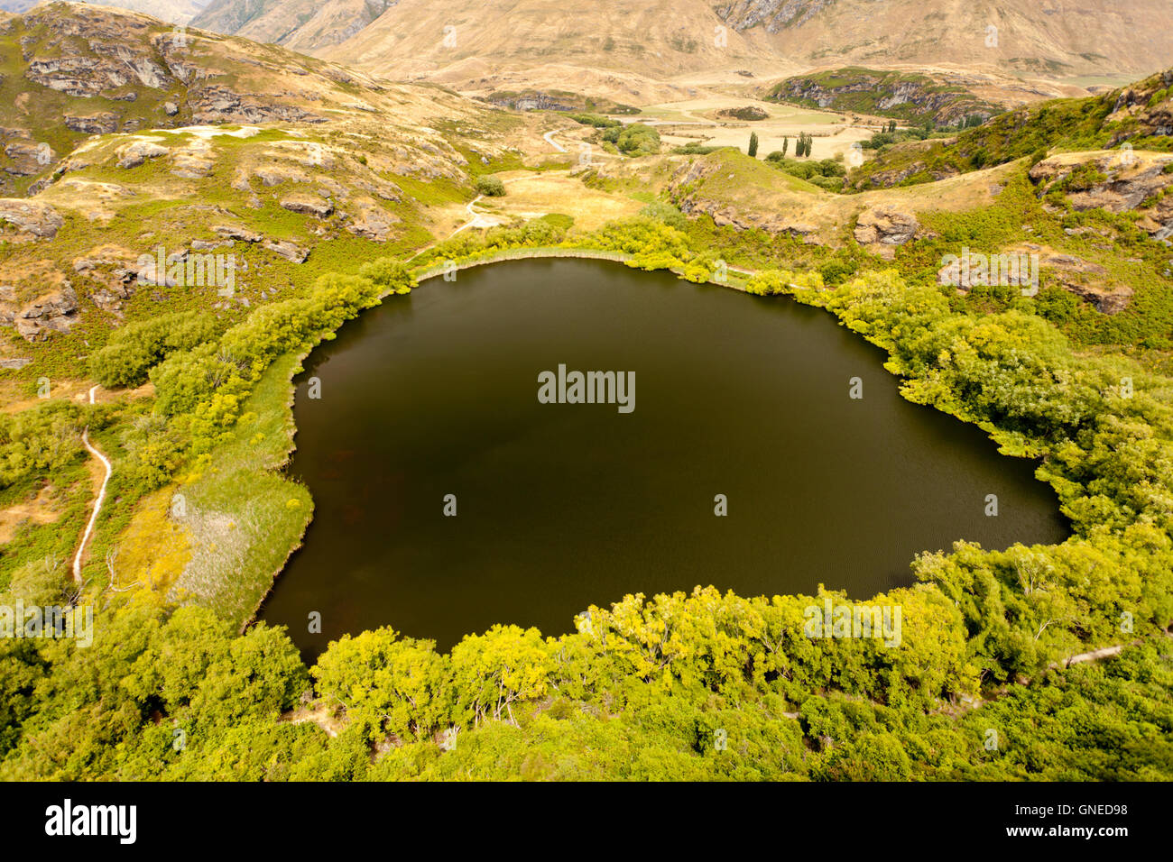 Green oasis in dry highlands of Central Otago, NZ Stock Photo - Alamy