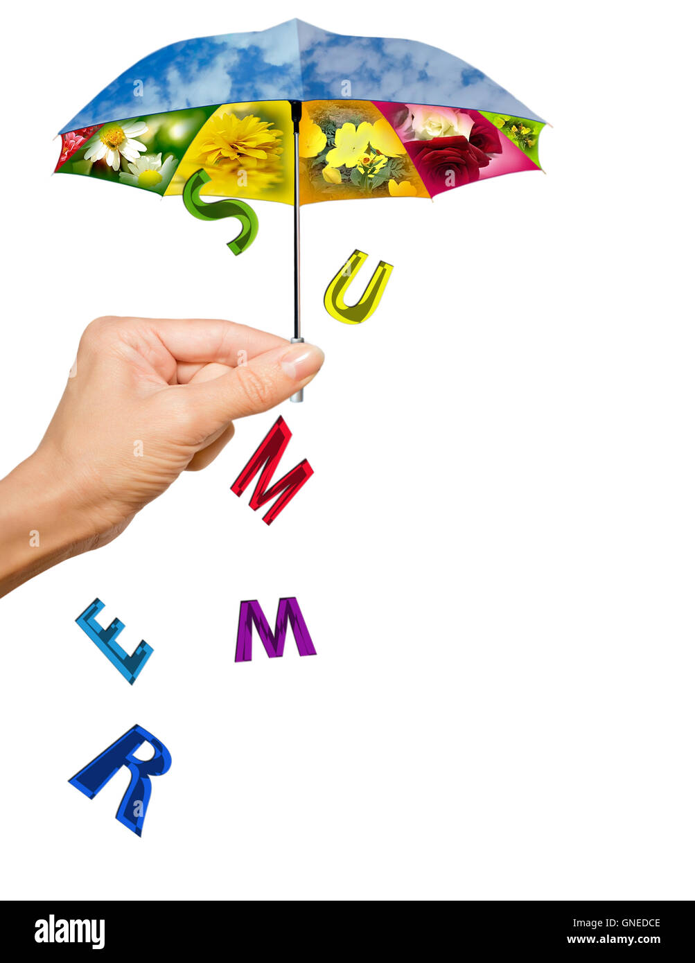 Background with hand, summer umbrella and letters Stock Photo - Alamy