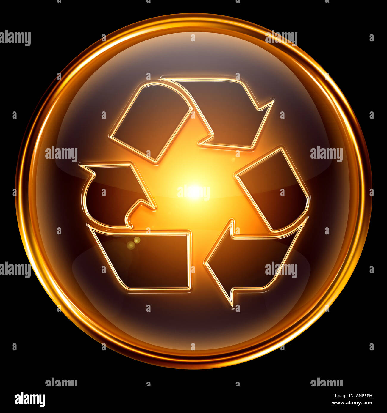 Recycling symbol icon gold, isolated on black background Stock Photo ...