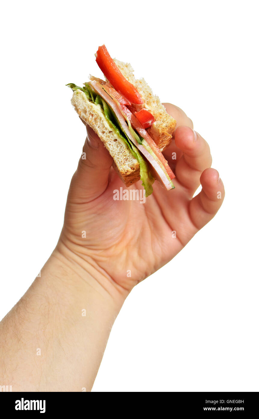 Man's hand holding bitten sandwich isolated on white Stock Photo - Alamy