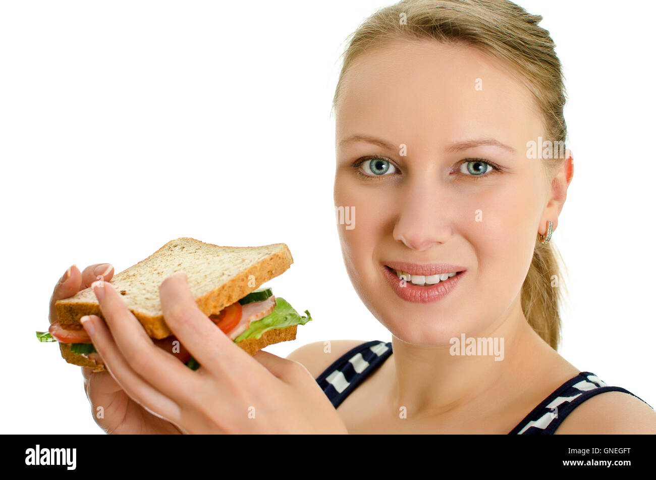 Attractive female with sandwich, isolated on white Stock Photo - Alamy